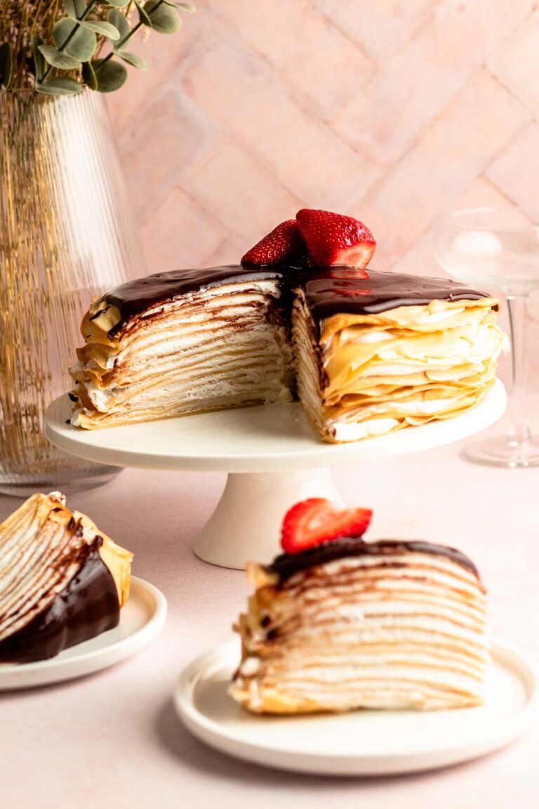 Easy Crepe Cake w/ Whipped Cream & Chocolate Ganache - Rich And Delish